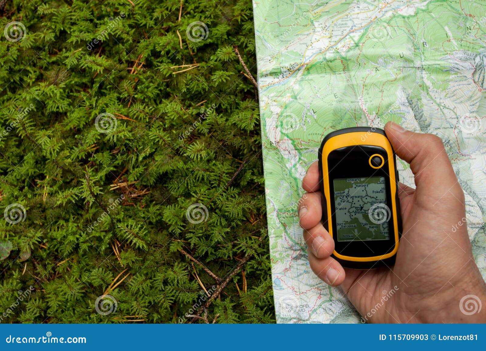 Finding the Right Position in the Forest with a Map and GPS Stock Image ...