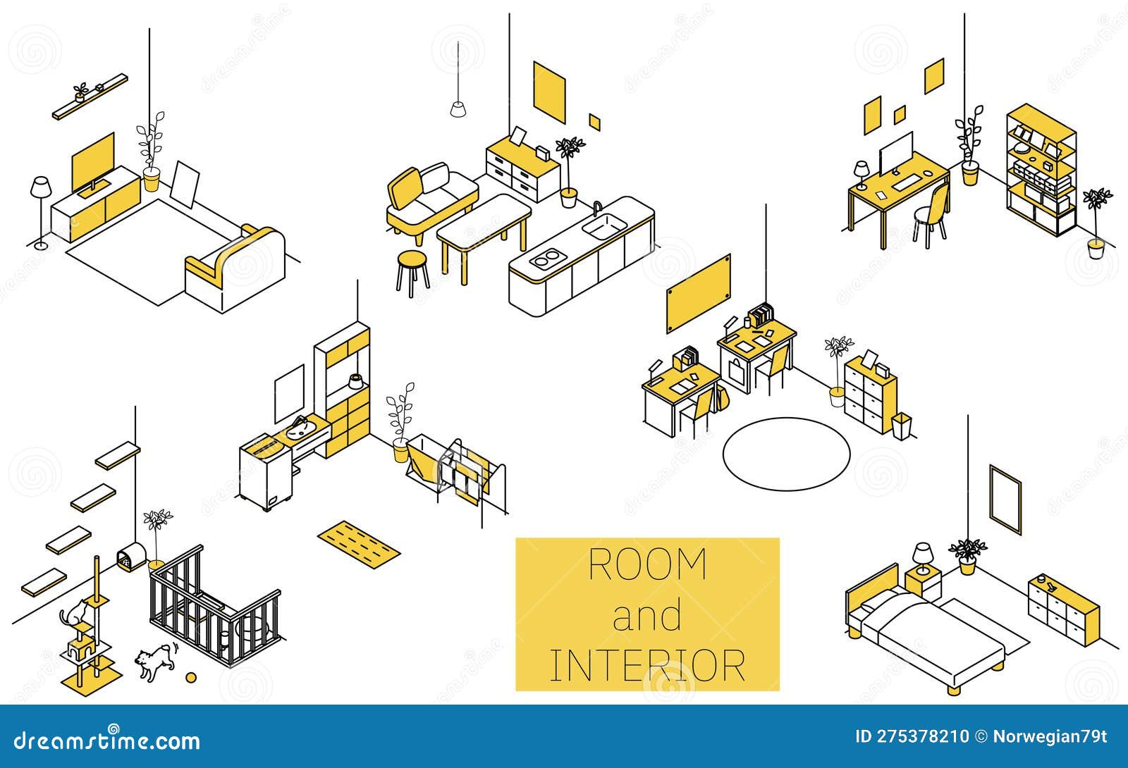 Finding a Room for Rent: Various Rooms, Simple Isometric Illustration ...
