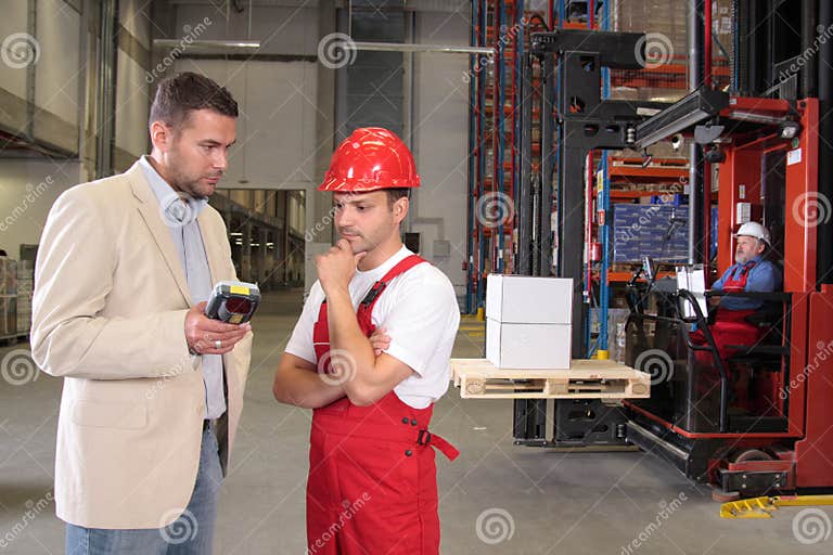 Finding Solution - Workers & Boss in Warehouse Stock Photo - Image of ...