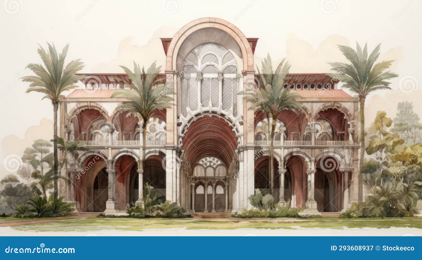 Ornate Watercolor Drawing of a Building in the Style of Raphael Lacoste ...