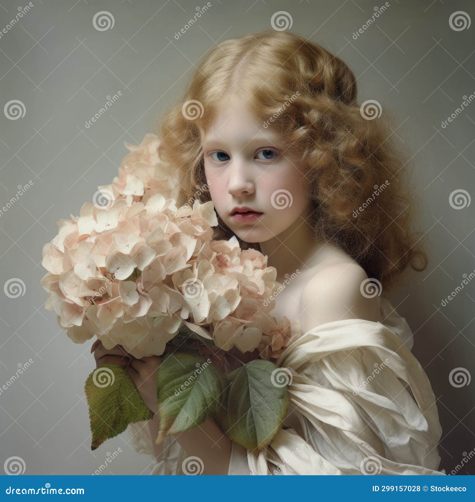 Fine Art Portrait Of Young Girl Holding Flowers Stock Illustration