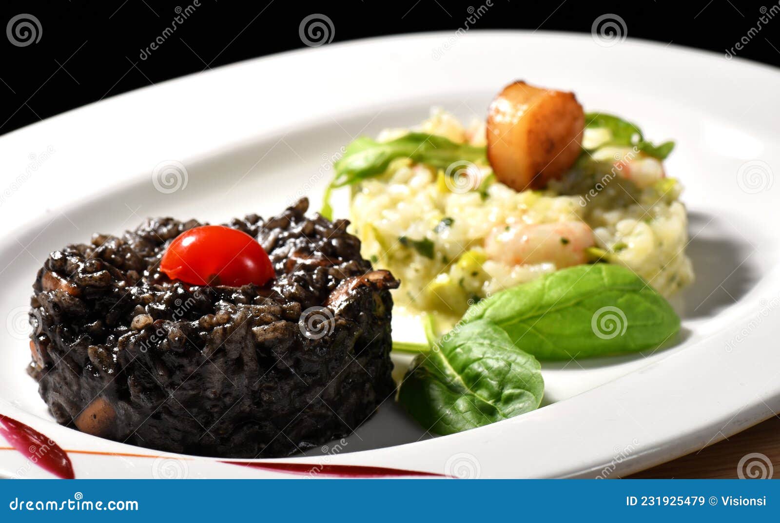 Fine Dining, Black Risotto with Squid Ink and Seafood Risotto Stock ...