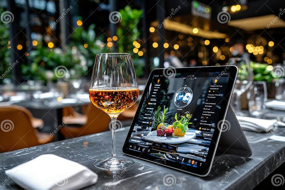 Fine Dining Experience with a Tablet Menu and a Glass of Wine in an ...