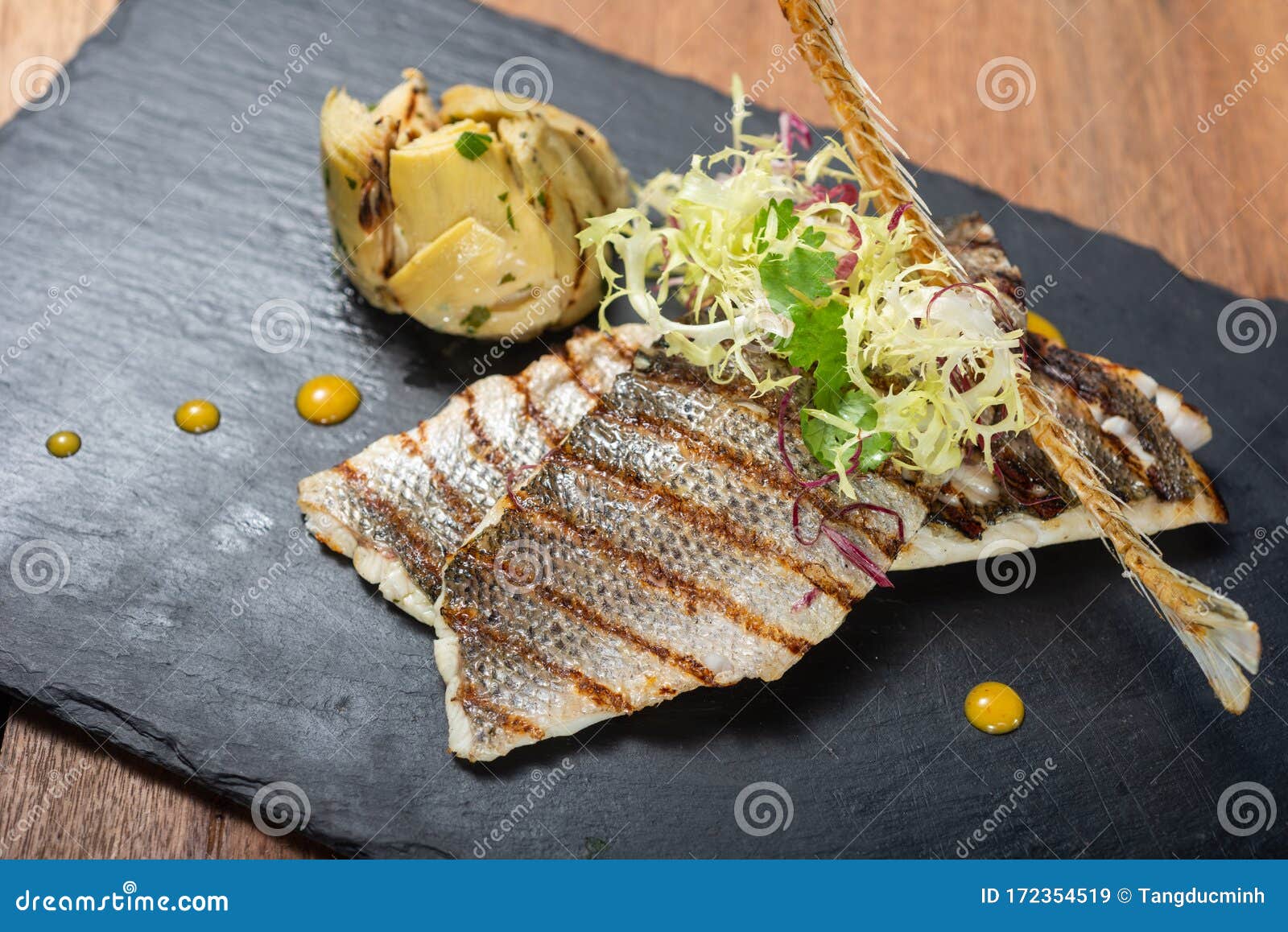Fine Dining Fish dish stock image. Image of chives, meat - 172354519