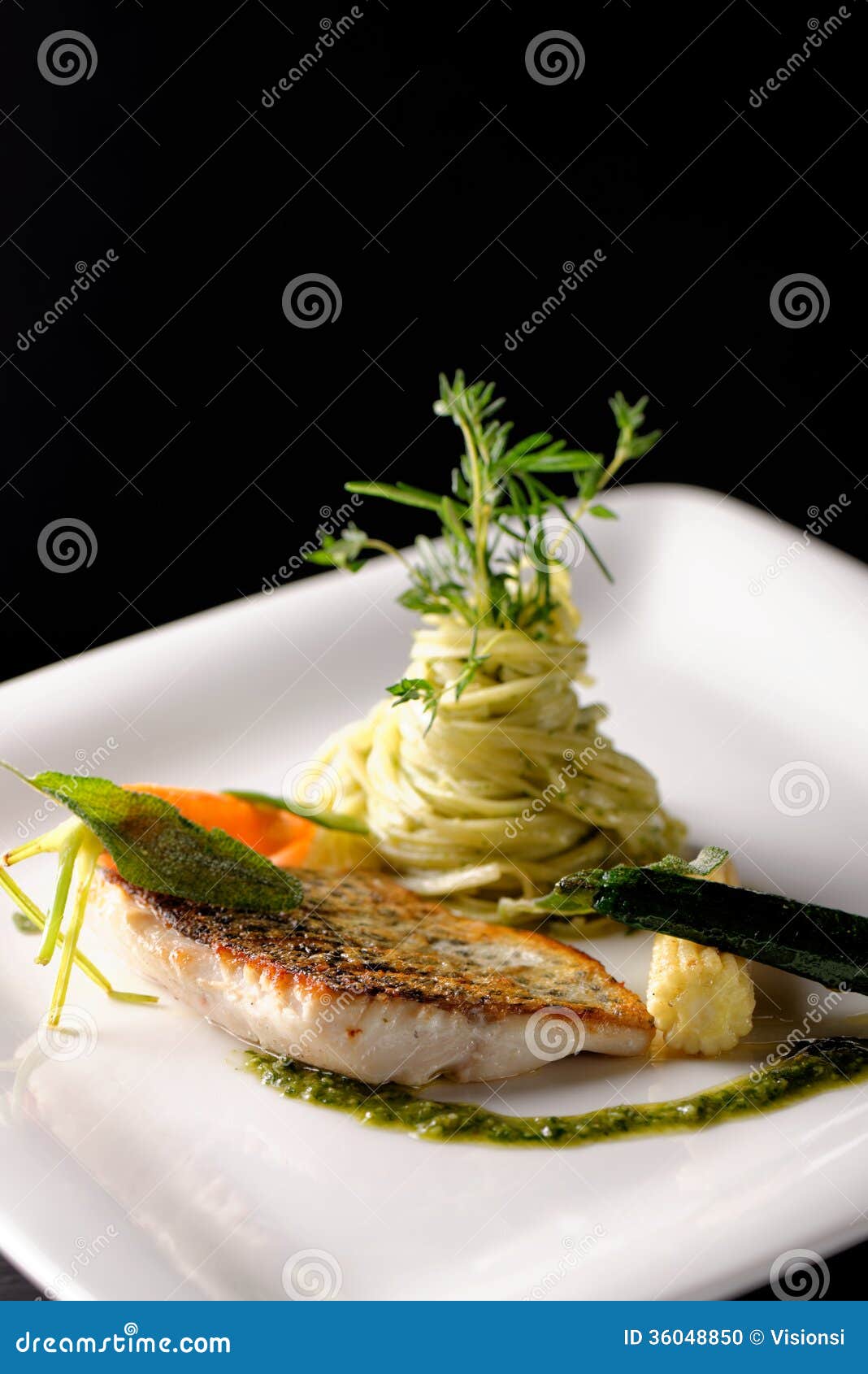 Fine dining, fish fillet stock photo. Image of basil - 36048850