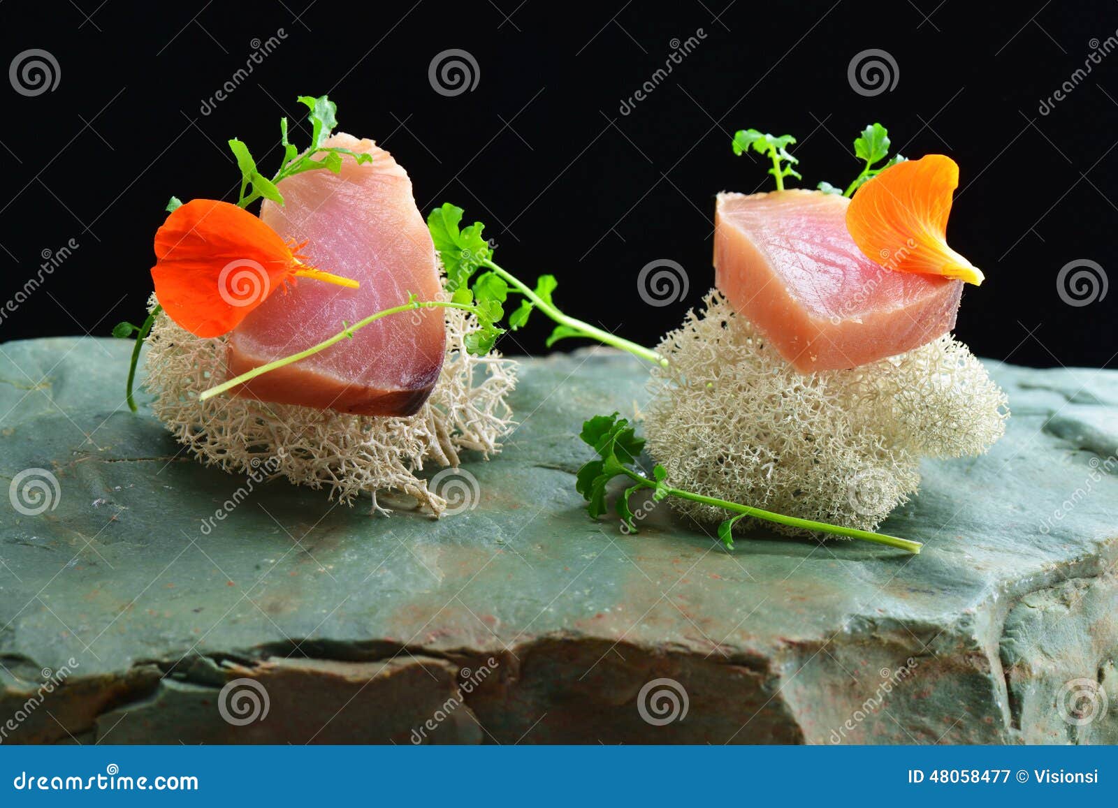 Fine Dining, Fresh Raw Ahi Tuna Sashimi Served on an Ocean Sponge Stock ...