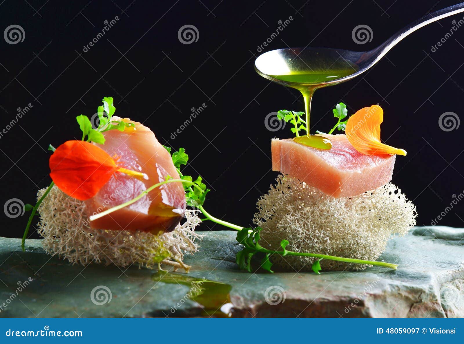 Fine Dining, Fresh Raw Ahi Tuna Sashimi Served On An Ocean Sponge Stock ...