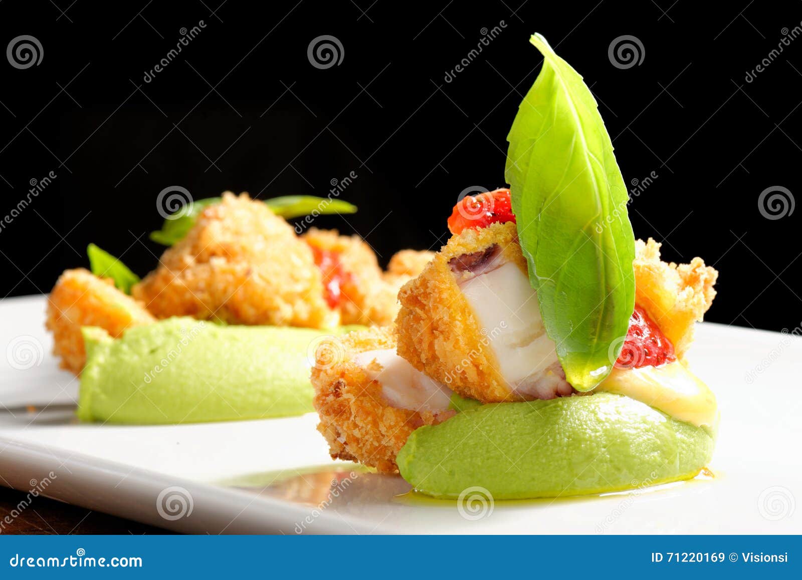 Fine Dining, Fried Octopus on Basil Mousse Stock Image - Image of ...
