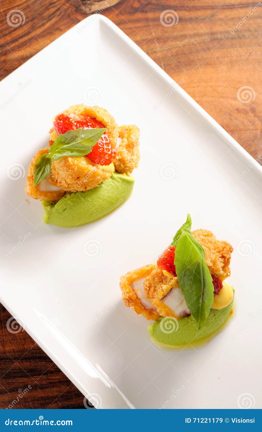 Fine Dining, Fried Octopus on Basil Mousse Stock Image - Image of ...