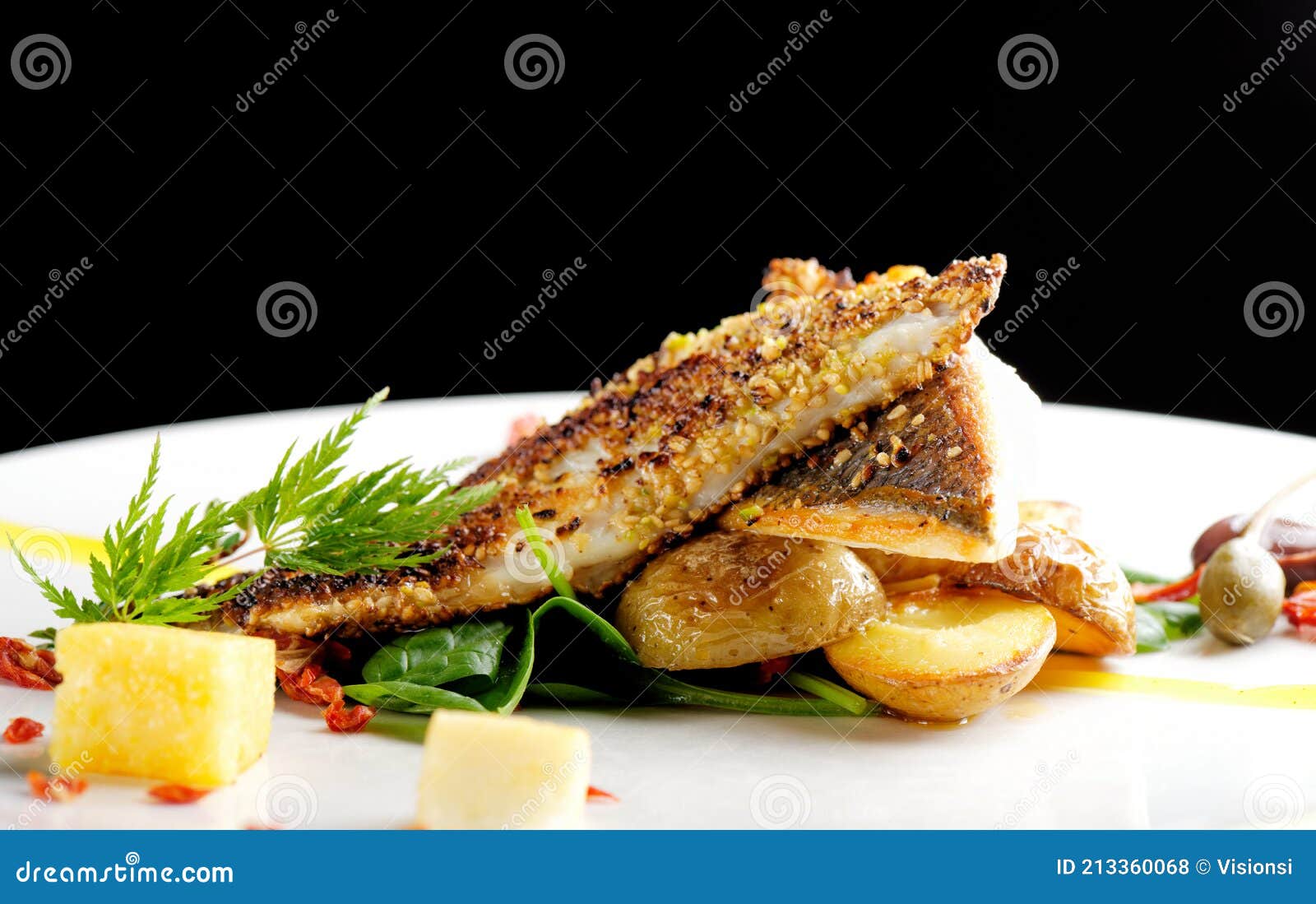 Fine Dining, Seabream Fish Fillet Breaded in Herbs and Spice with ...