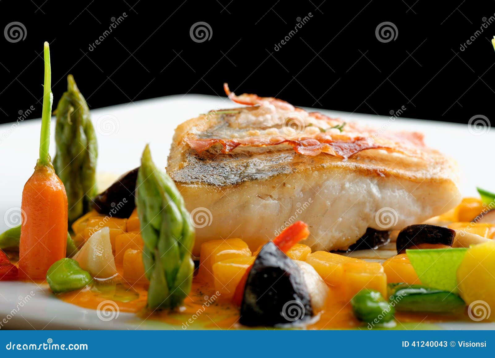 Fine Dining, White Fish Fillet Breaded in Herbs and Spice with Grilled ...