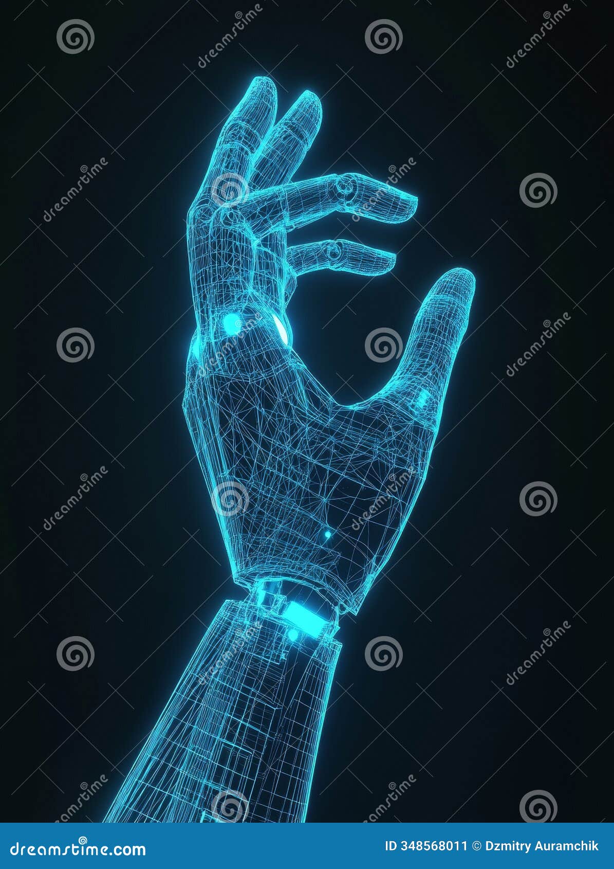 A Finely Detailed Wireframe Model of a Human Hand, Illuminated in Blue ...