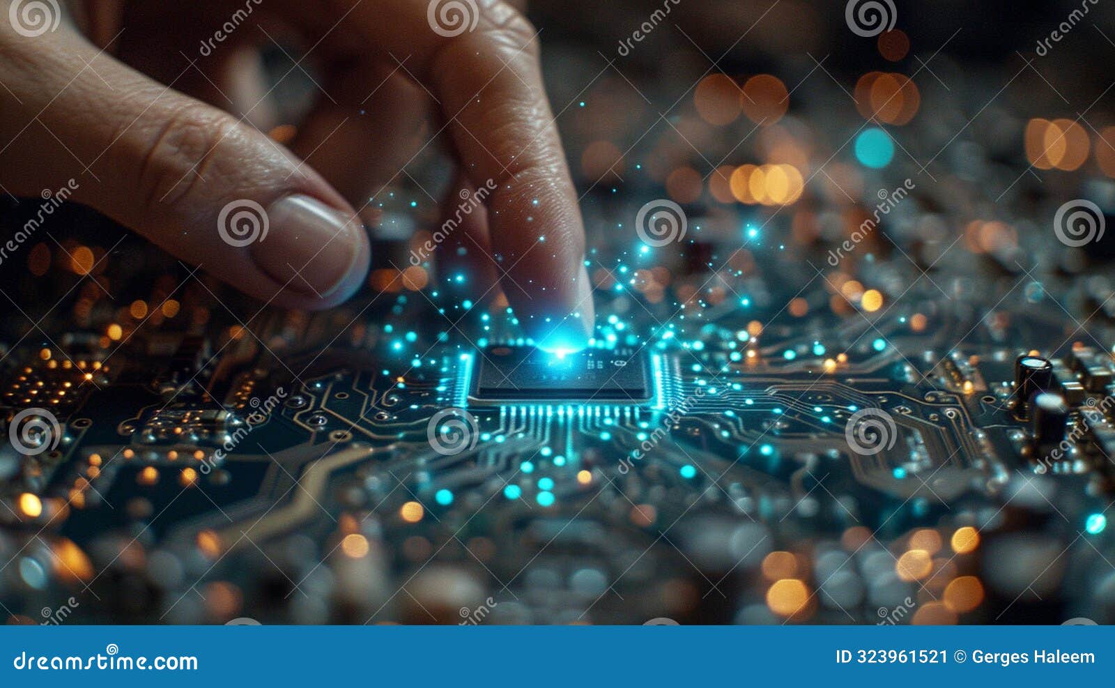Finger Activating a Computer Chip on a Circuit Board Stock Illustration ...
