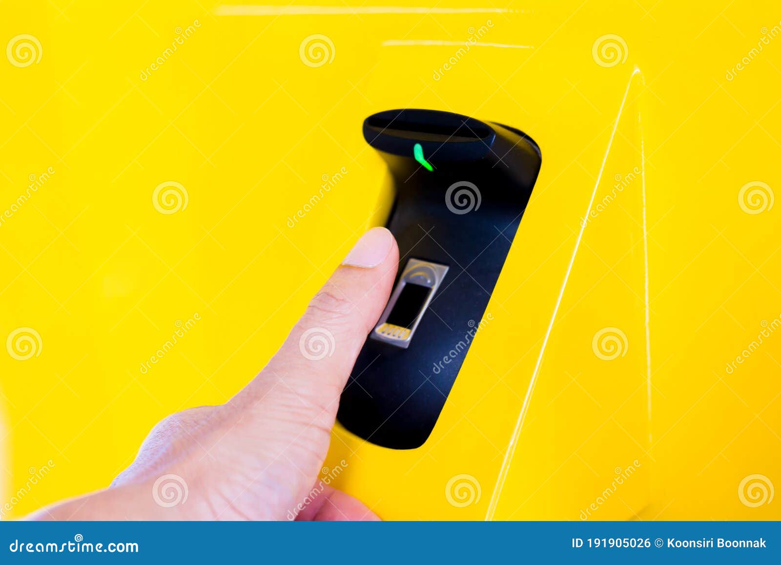 Finger Biometric Scanner With Blurry Finger On Yellow Machine Royalty ...