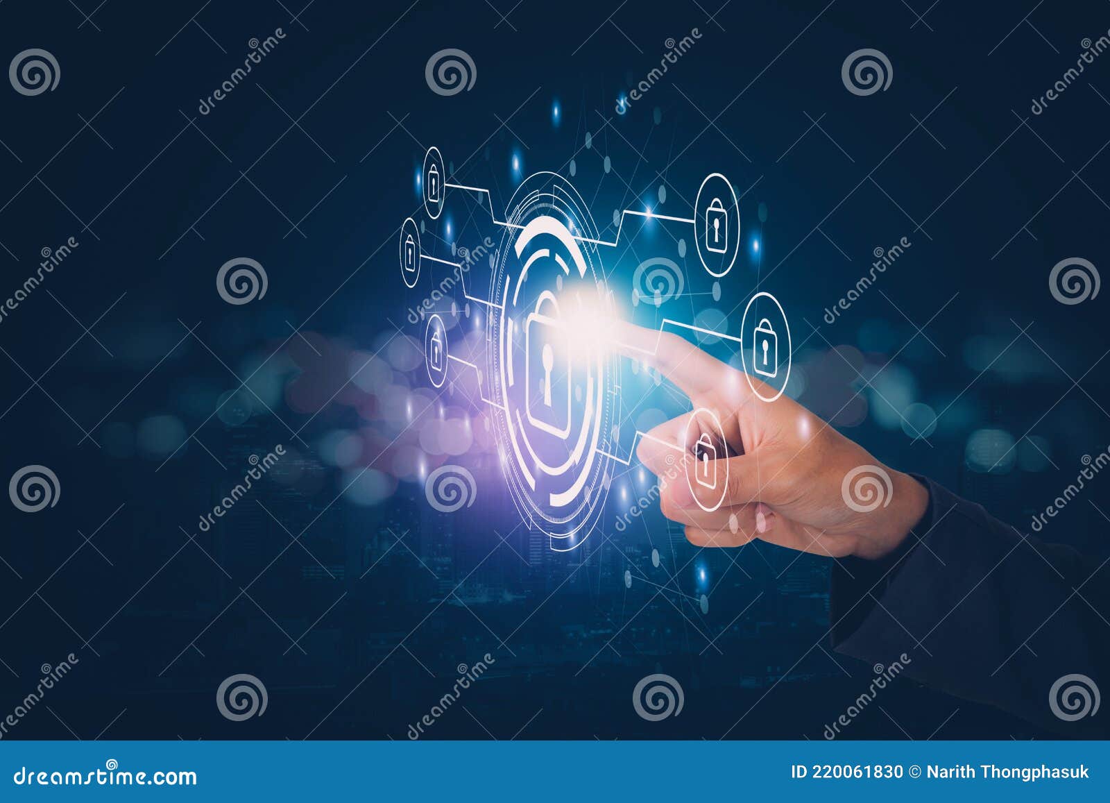 Finger of Businessman Pushing Virtual Lock Icon while Cyber Security ...