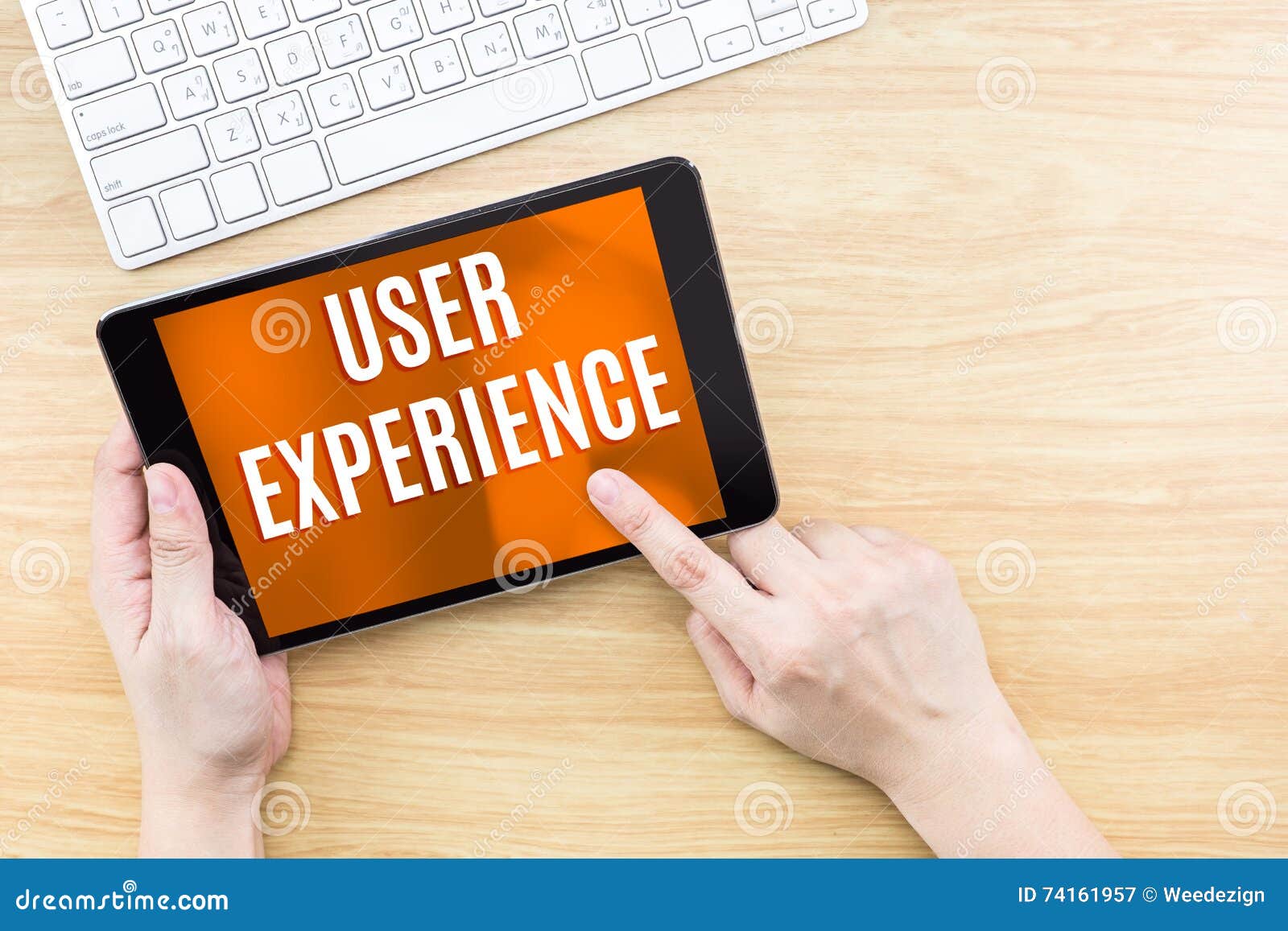 Finger Click Screen with User Experience Word with Keyboard on W Stock ...