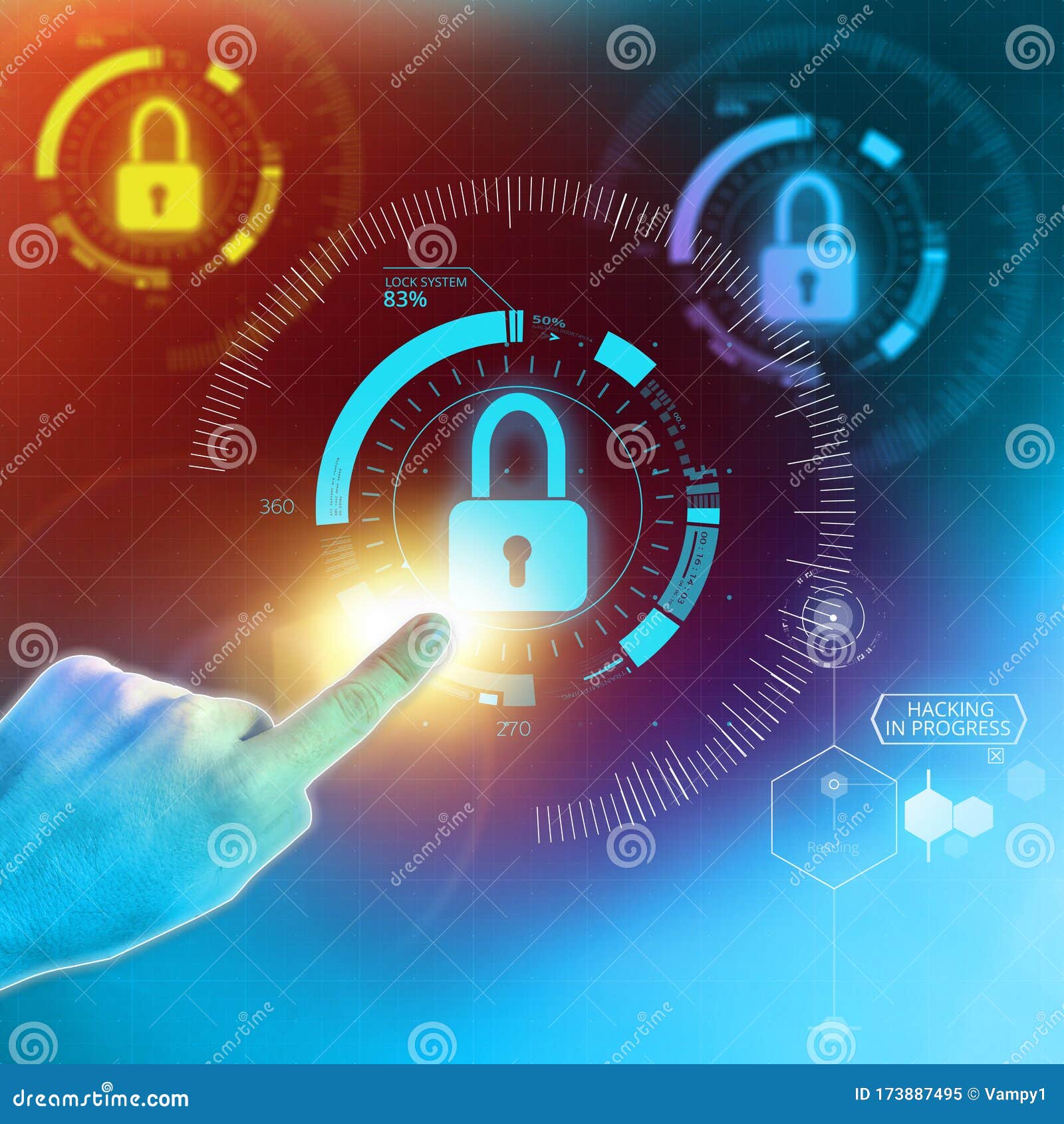 Finger Clicking On A Display With A Lock Icon. HUD Display Showing Stages Of Hacking In Progress ...