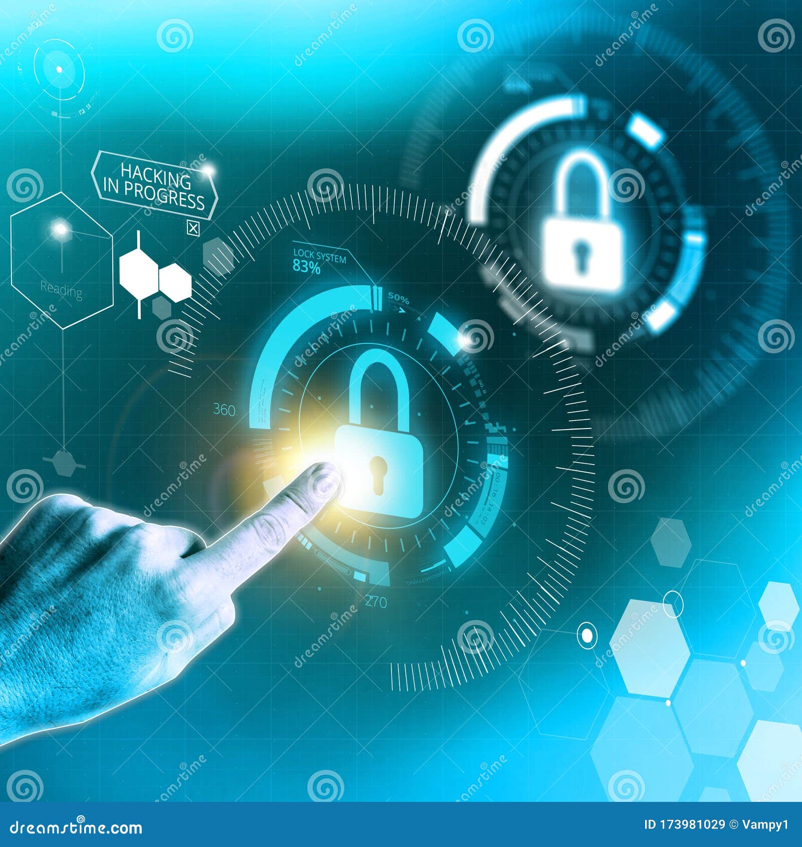 Finger Clicking On A Display With A Lock Icon. HUD Display Showing Stages Of Hacking In Progress ...