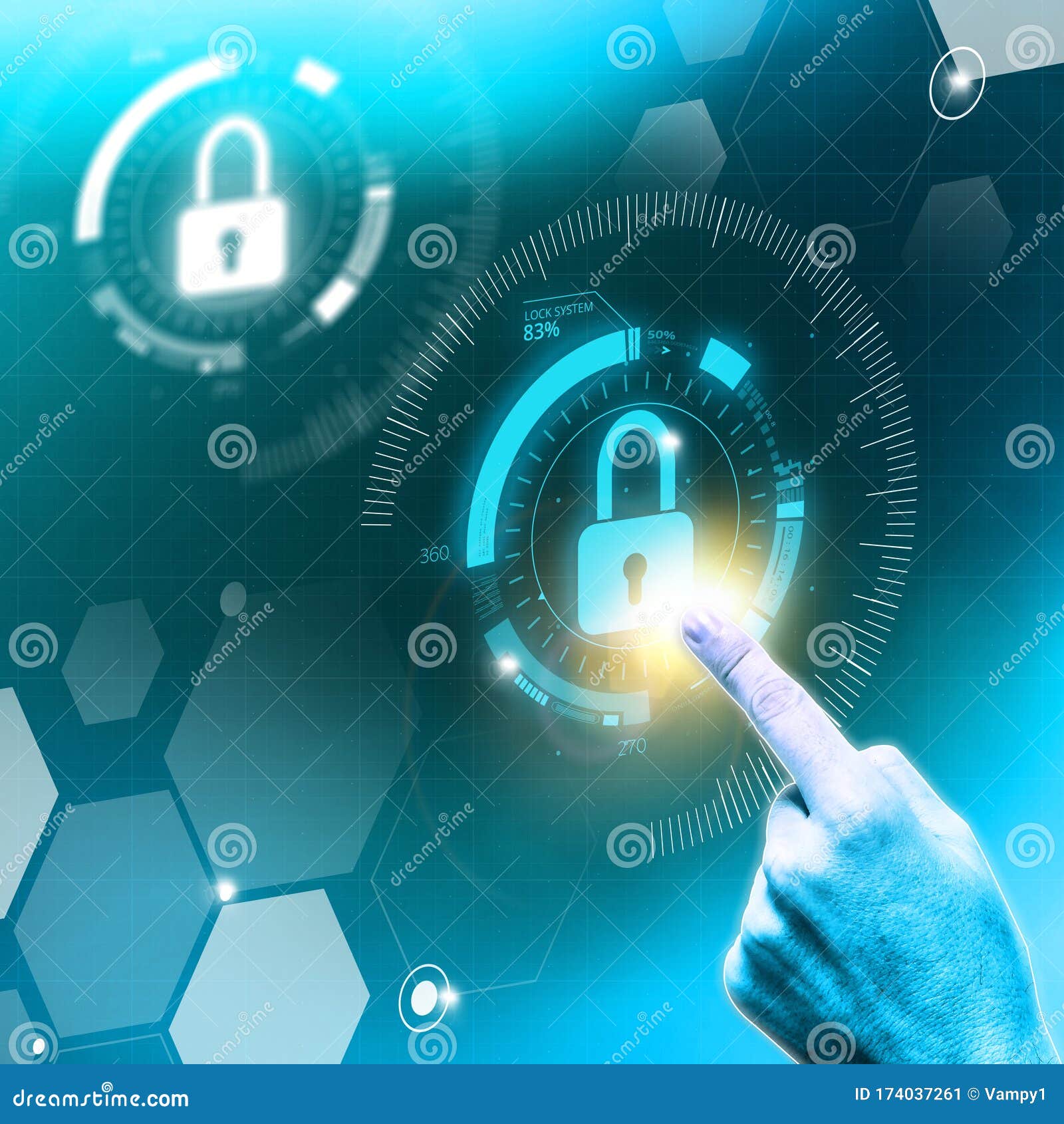Finger Clicking On A Display With A Lock Icon. HUD Display Showing Stages Of Hacking In Progress ...