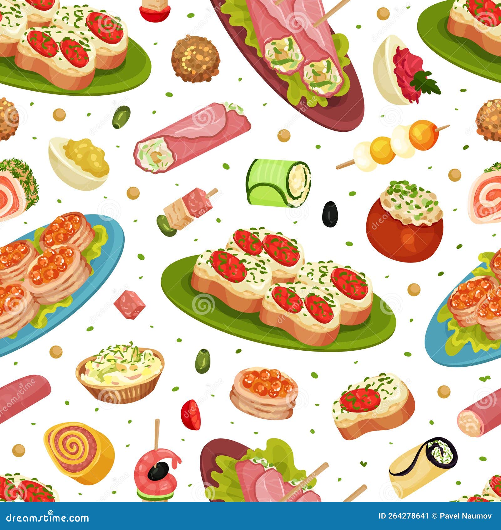 Finger Food Buffet Seamless Pattern Design with Different Snacks and ...