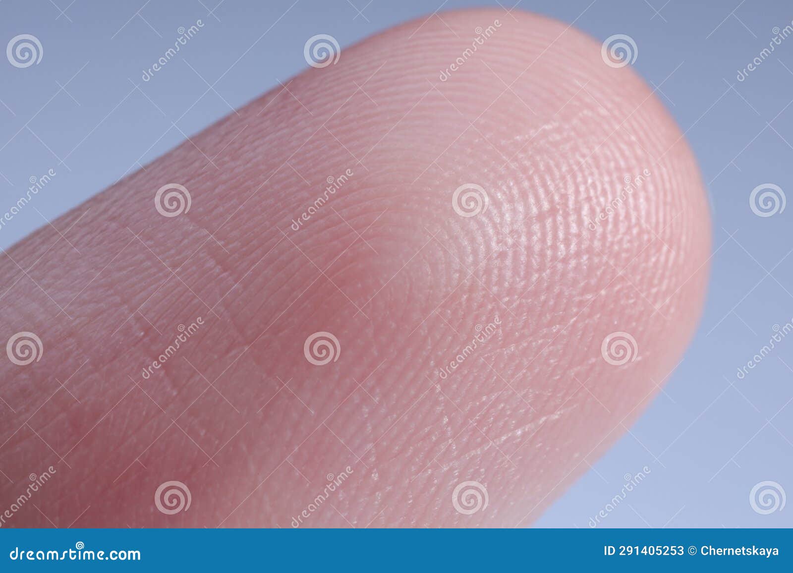 Finger with Friction Ridges on Light Blue Background, Macro View Stock ...