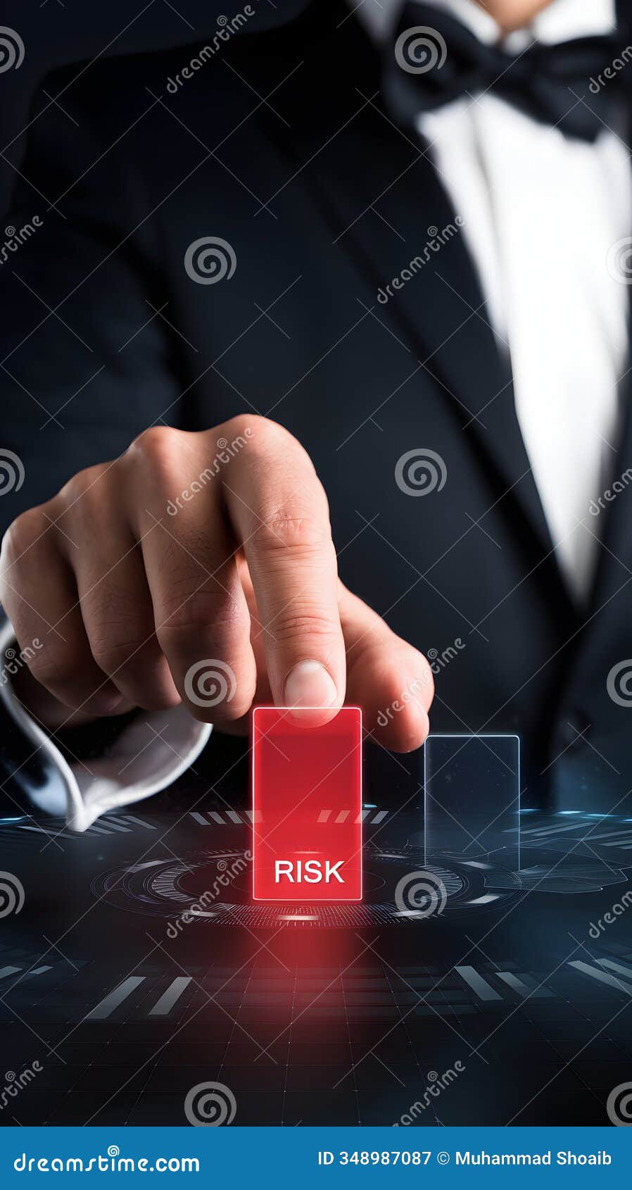 Finger Hovers Over RISK Bar, Dim Setting Highlights Critical Decision ...