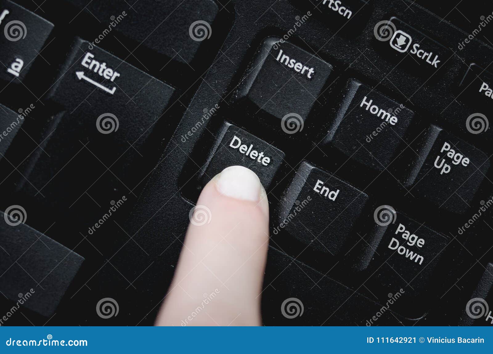 Finger Over the Delete Key from a Dusty Black Keyboard Stock Image ...