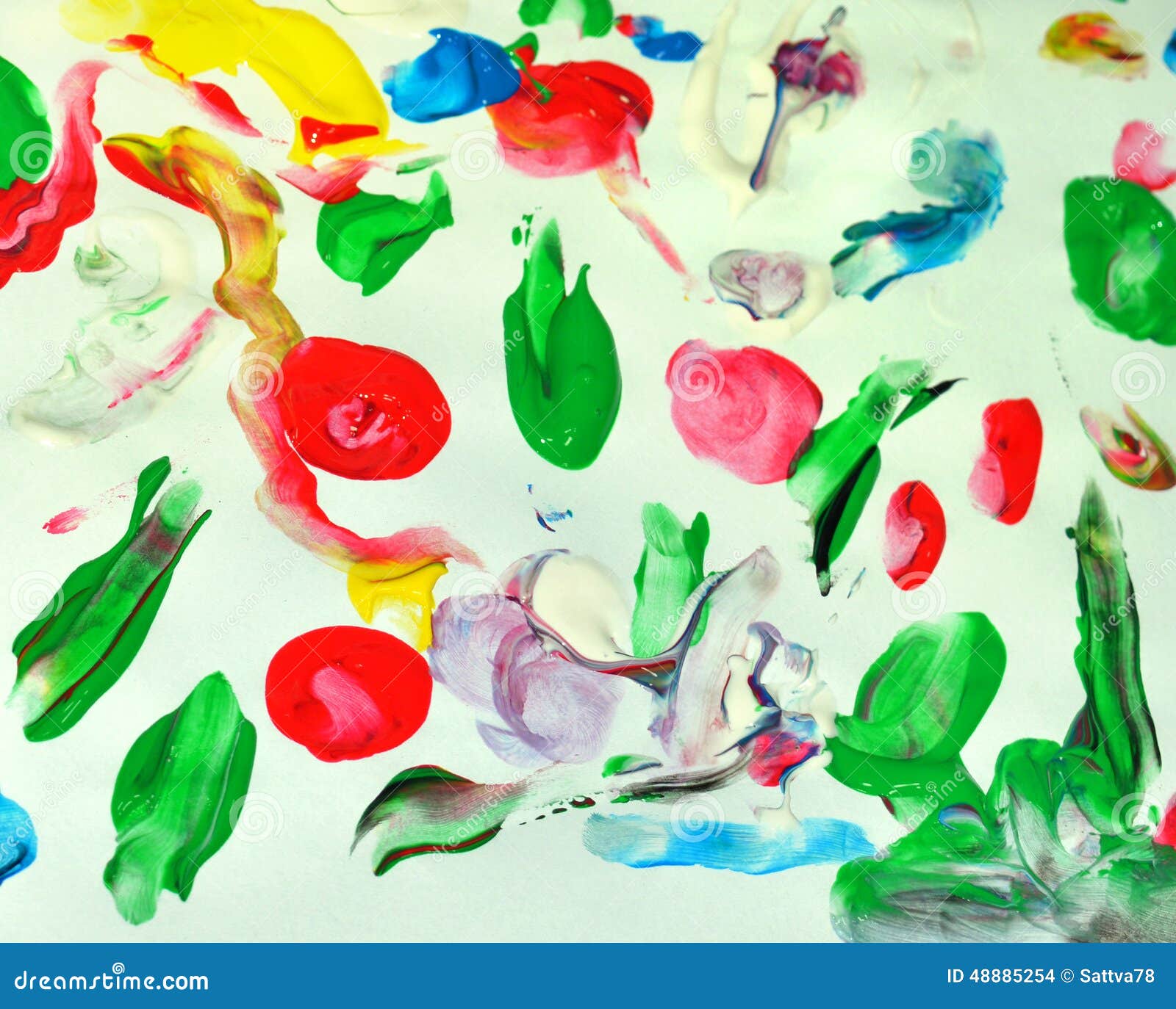 Finger Painting. The Boy Touches Multi-colored Paints With His Fingers ...