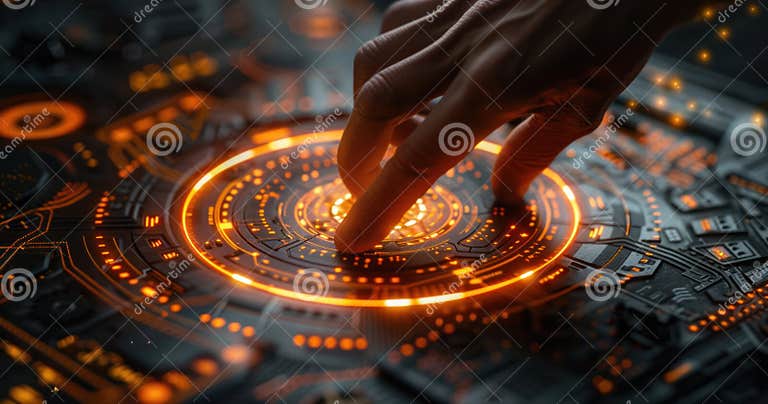 The Finger of a Person Pushing the Computer on a Circular Screen Stock ...