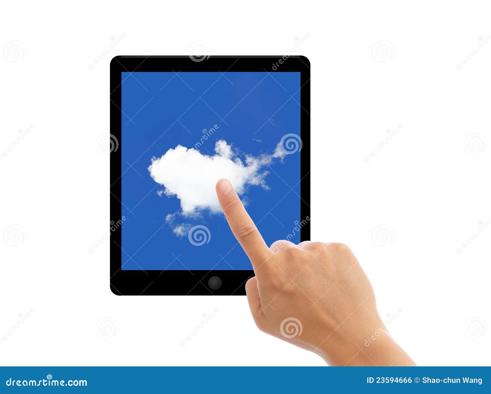 Finger Point Tablet Pc with Clouds on Screen Stock Photo - Image of ...