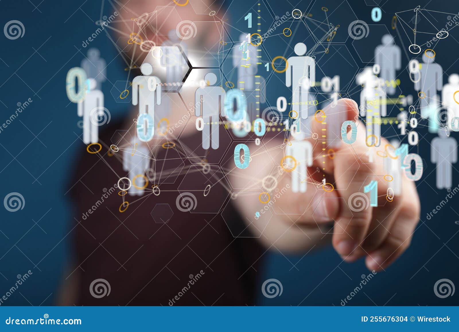 Finger Pointing on 3d Floating People Icons and Binary Code- a Concept of Networking ...