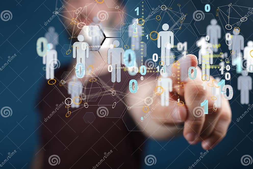 Finger Pointing on 3d Floating People Icons and Binary Code- a Concept of Networking ...