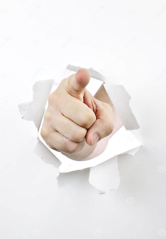 Finger Pointing through Hole in Paper Stock Image - Image of caucasian ...