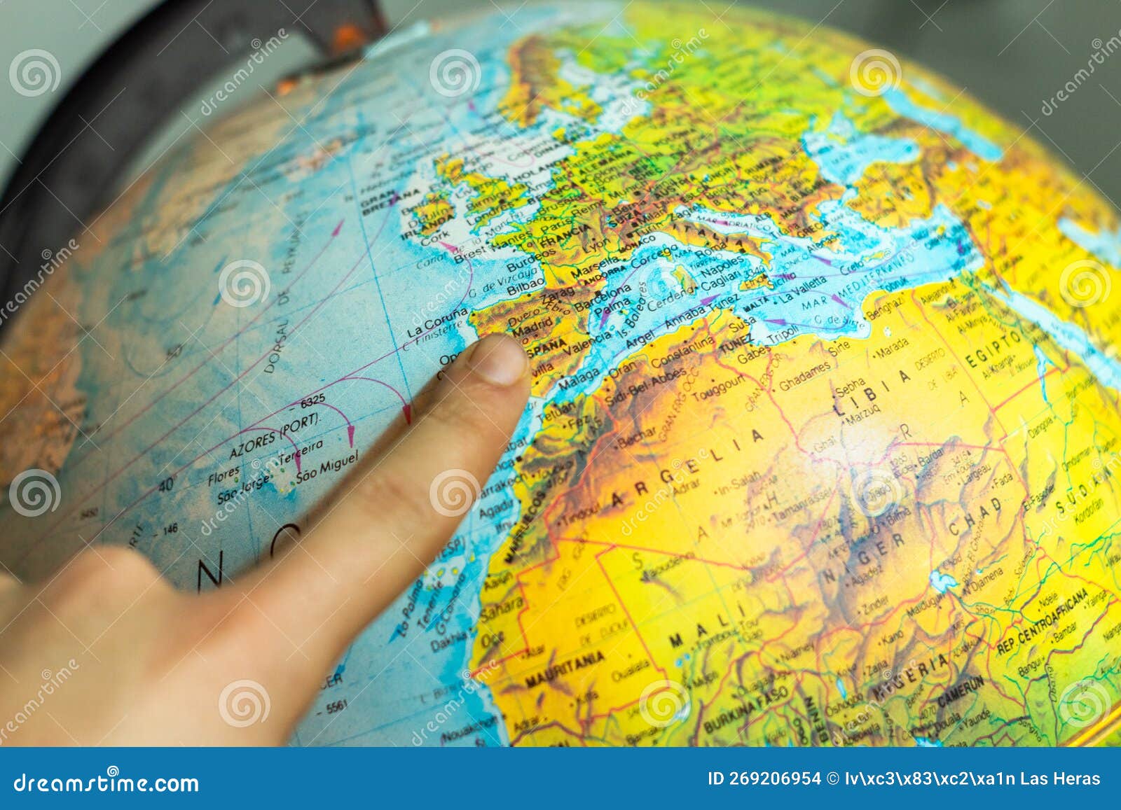 Finger Pointing Spain on the World Map. Stock Photo - Image of global ...