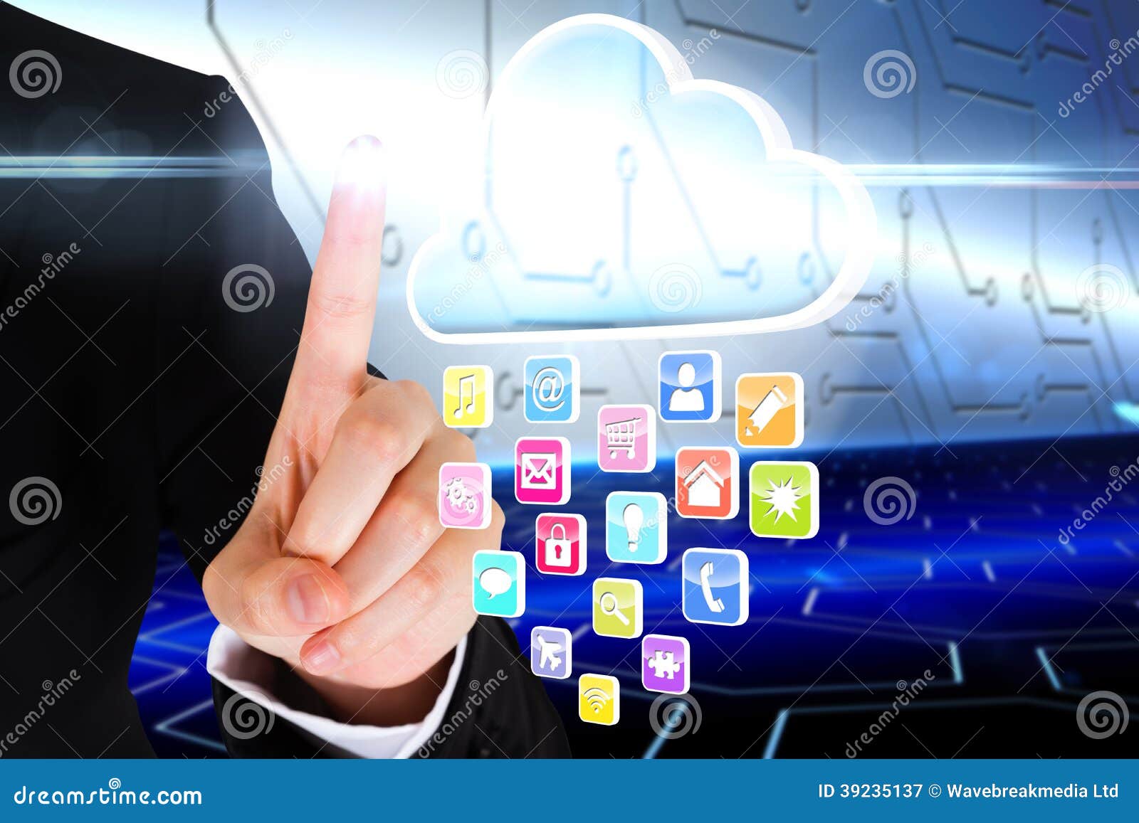 Finger Pointing To Cloud with App Icons Stock Image - Image of graphic ...