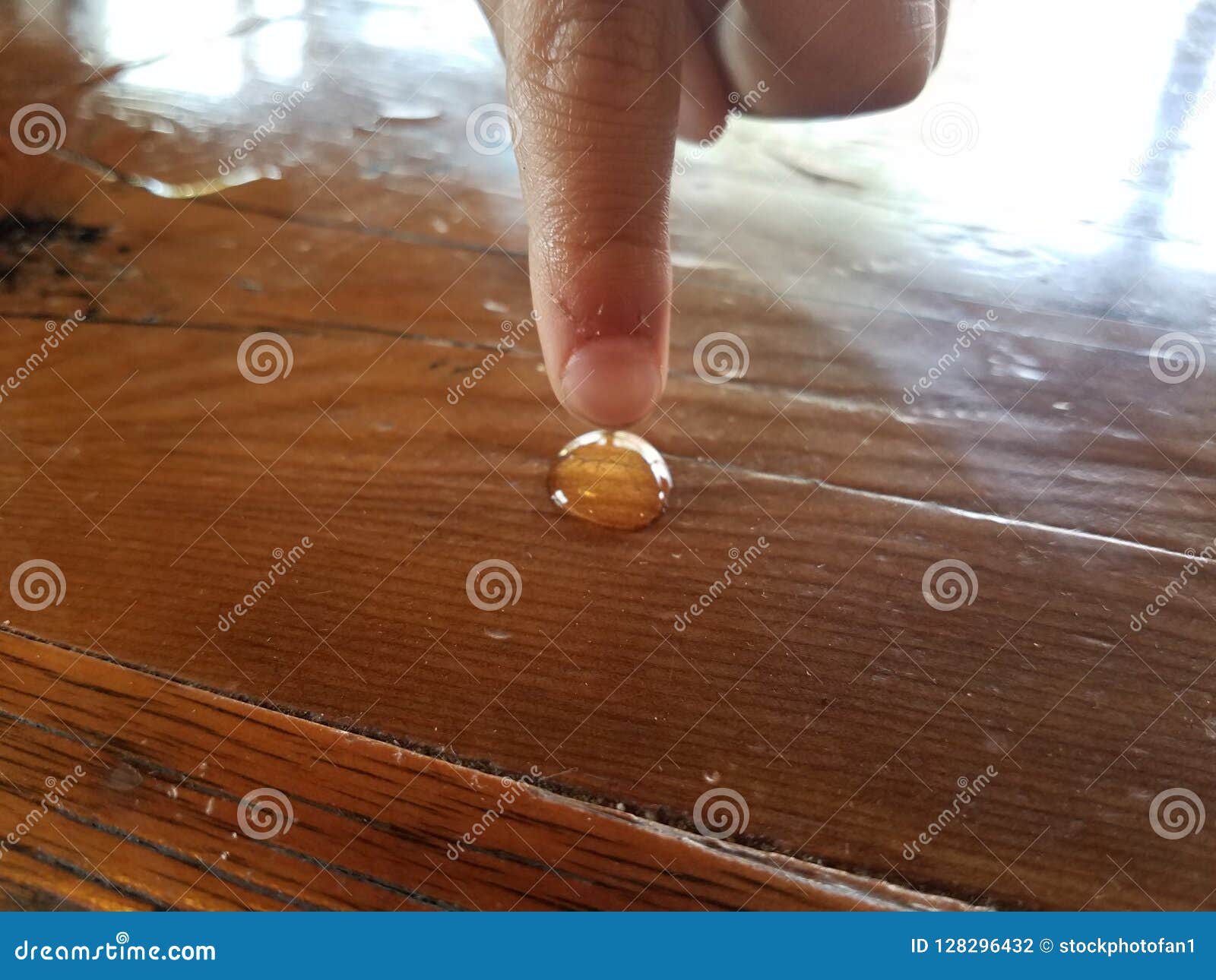 Finger Pointing To a Drop or Blob of Water on Surface of Brown Table ...