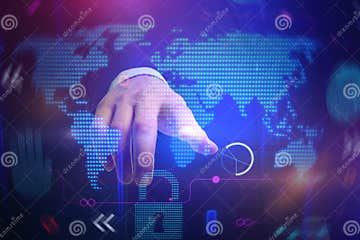 Finger Points on Digital World Map Stock Photo - Image of business ...