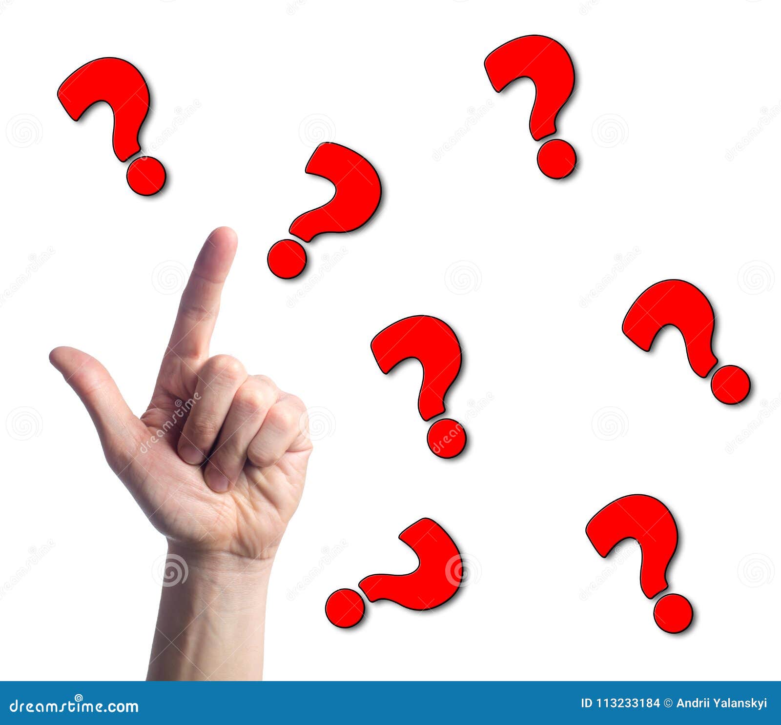 Finger Points To Question Marks on White Isolated Background. Concept ...