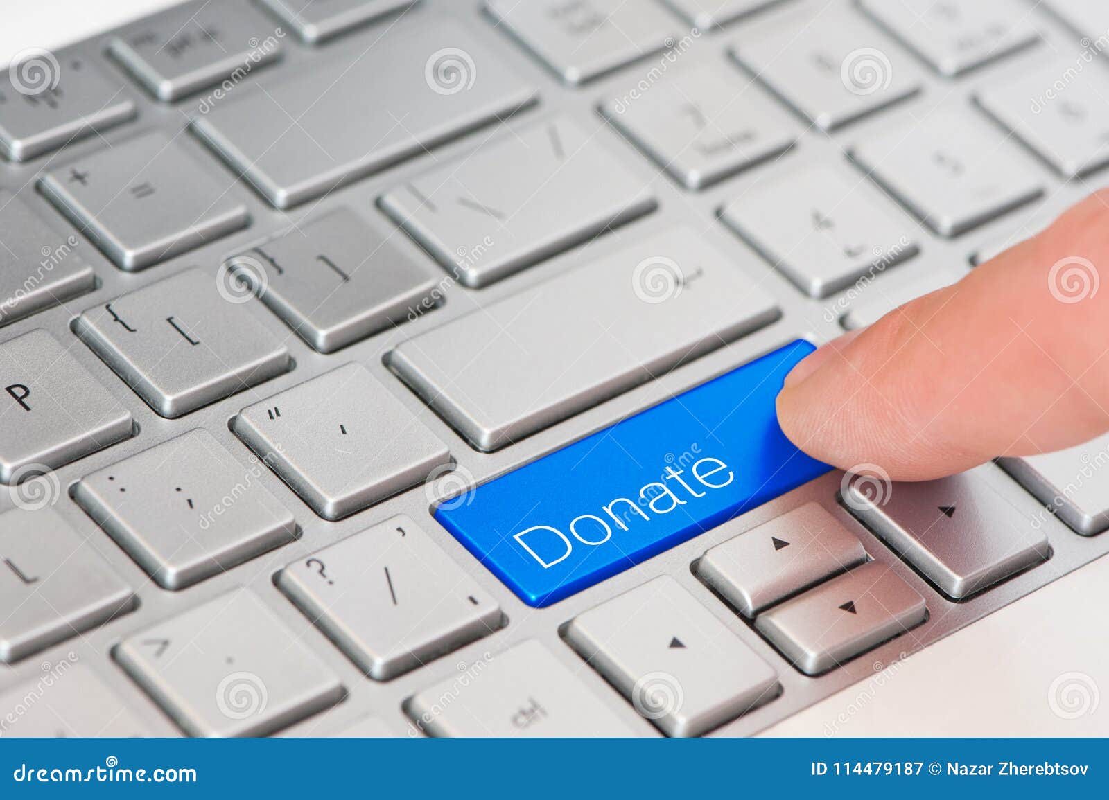 A Finger Press Blue Donate Button on Laptop Keyboard Stock Image ...