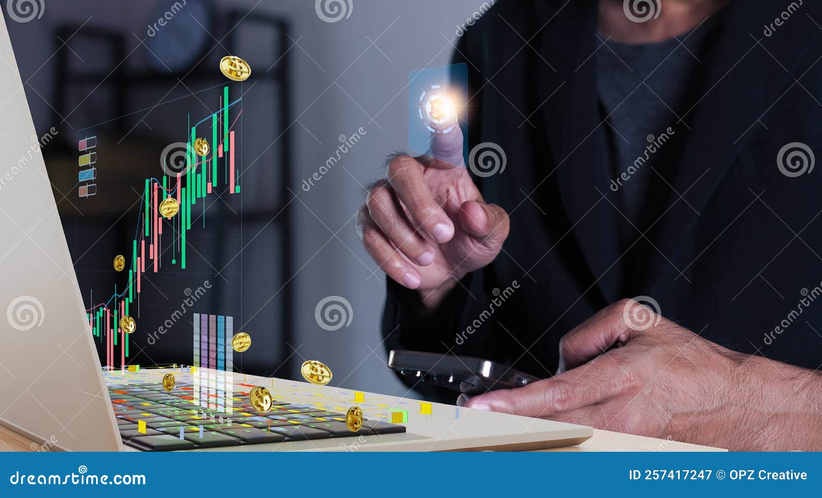 Finger Press Button Business Ai Financial Analysis Graph Screen and ...