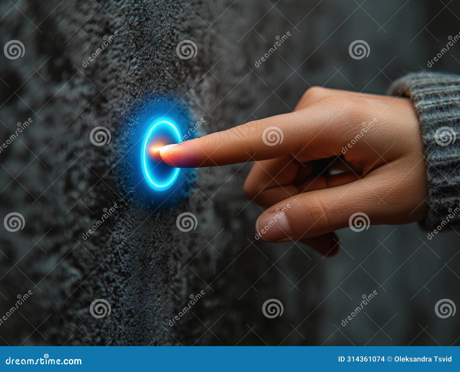 Finger Press Future Button with Blue Light Black Background. Concept ...
