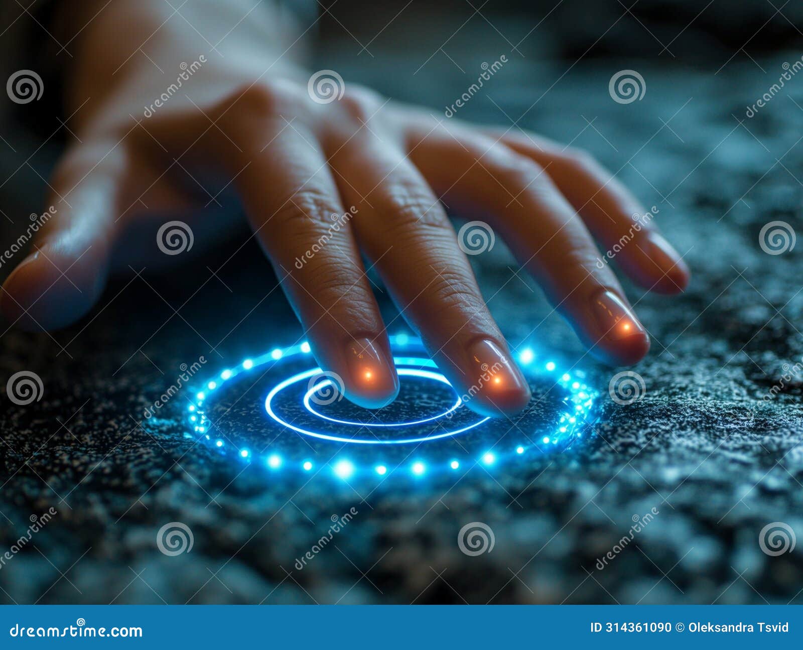Finger Press Future Button with Blue Light Black Background. Concept ...