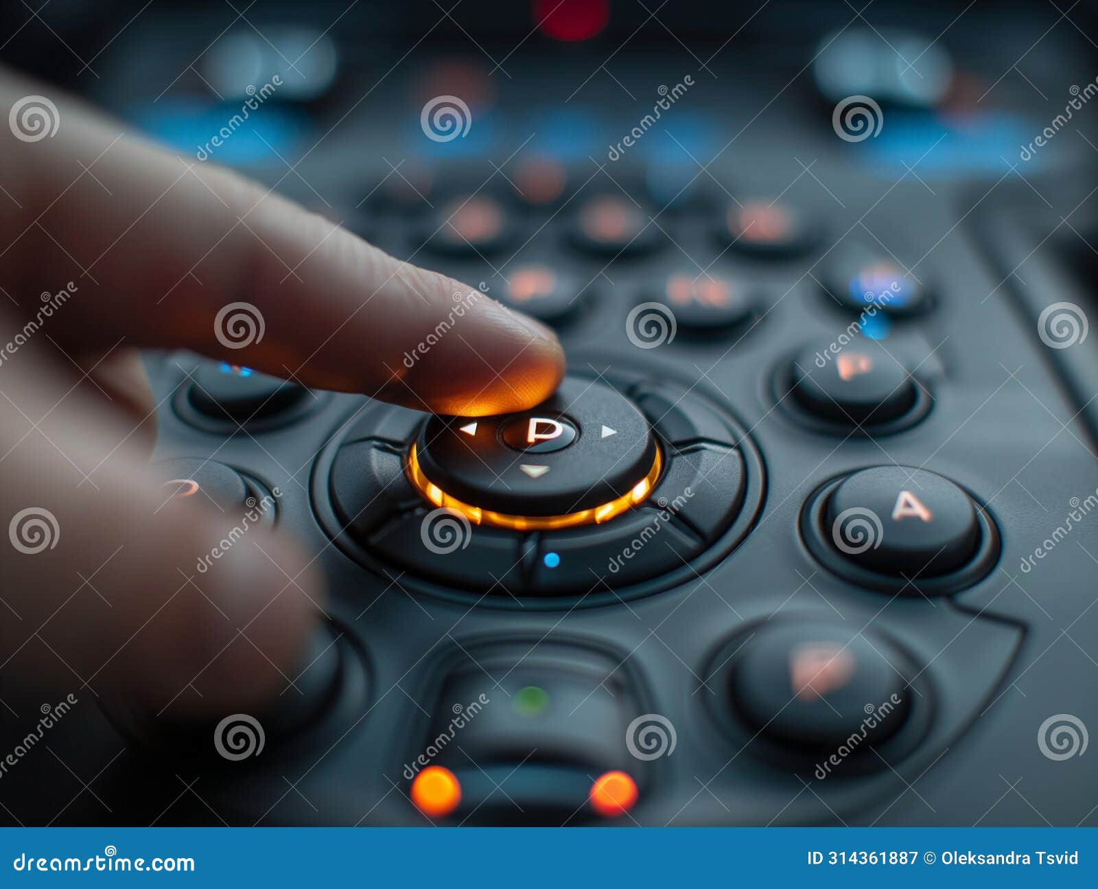 Finger Press Future Button with Blue Light Black Background. Concept ...