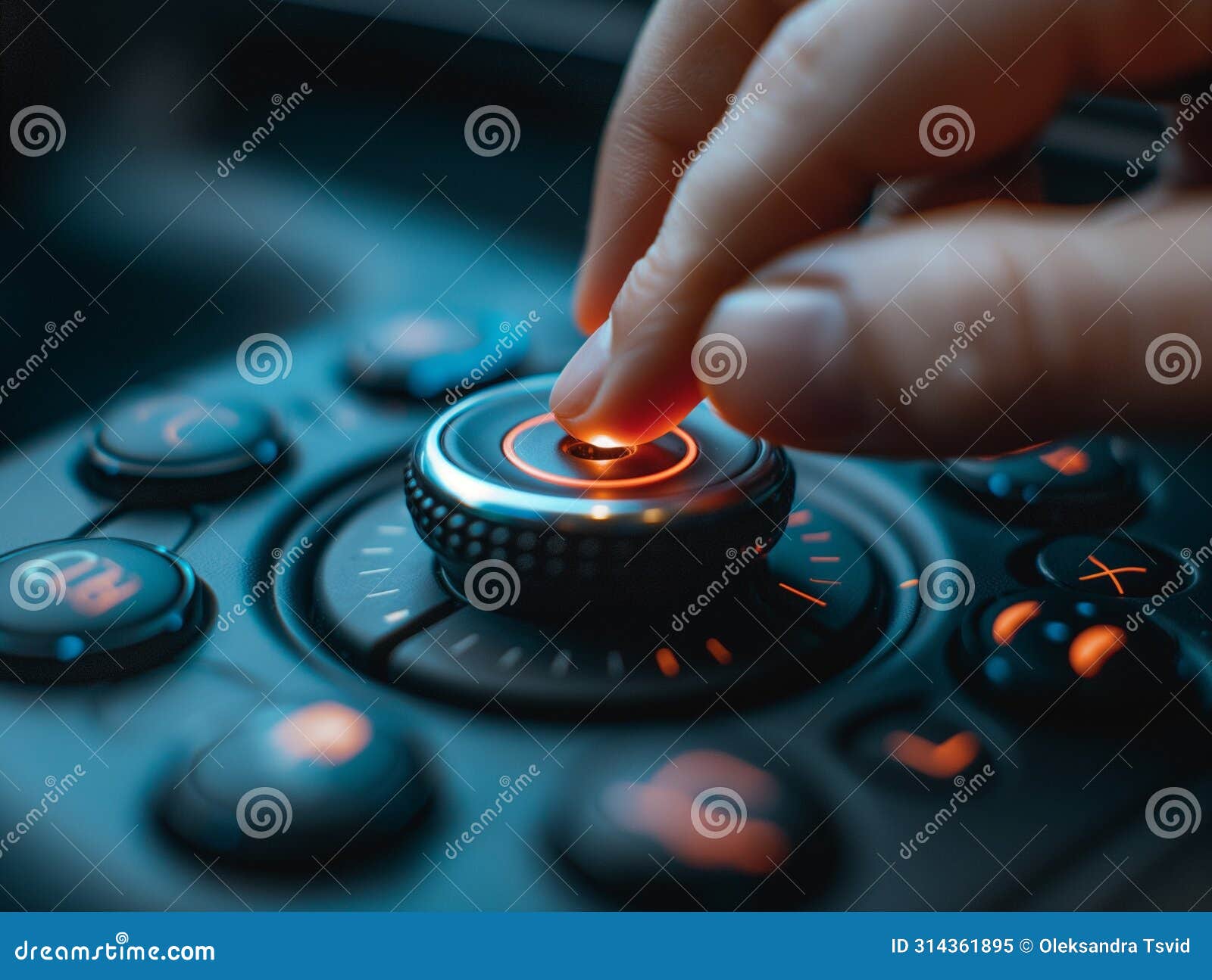 Finger Press Future Button with Blue Light Black Background. Concept ...