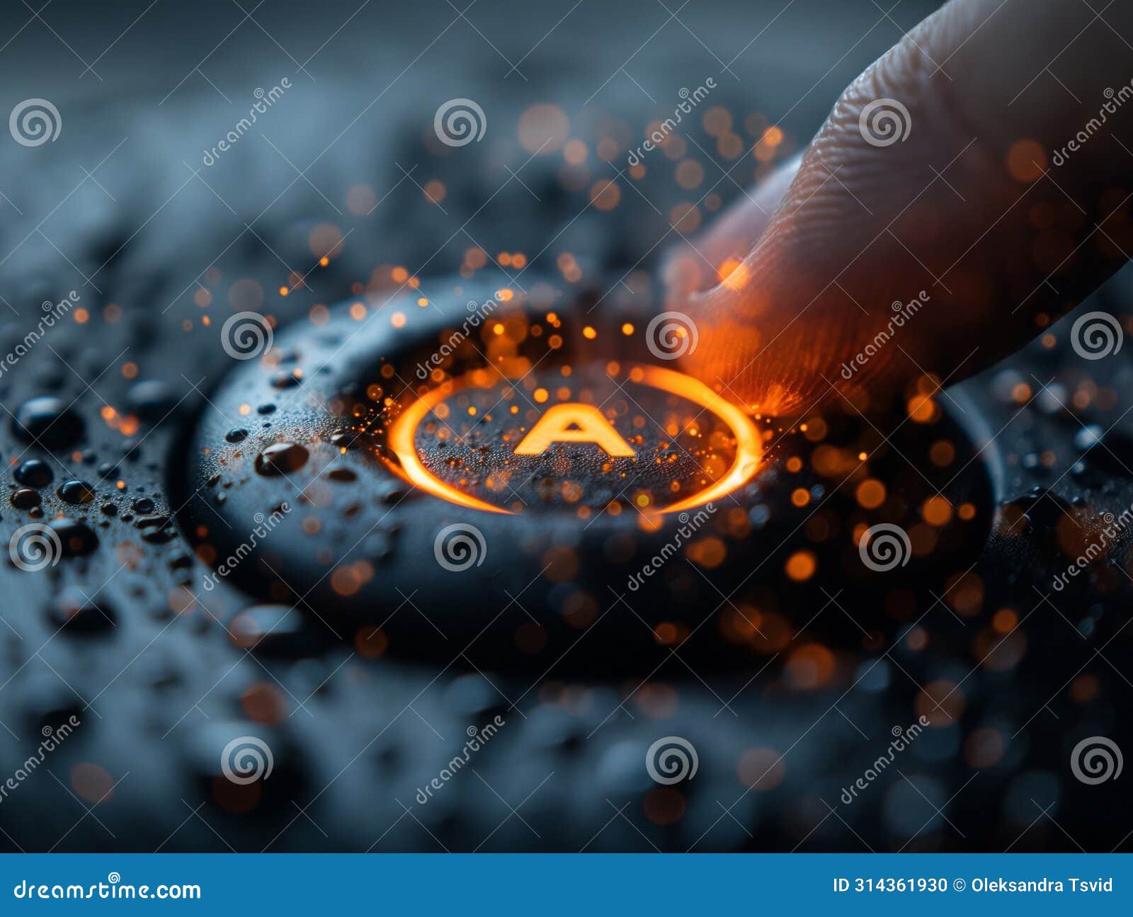 Finger Press Future Button with Blue Light Black Background. Concept ...