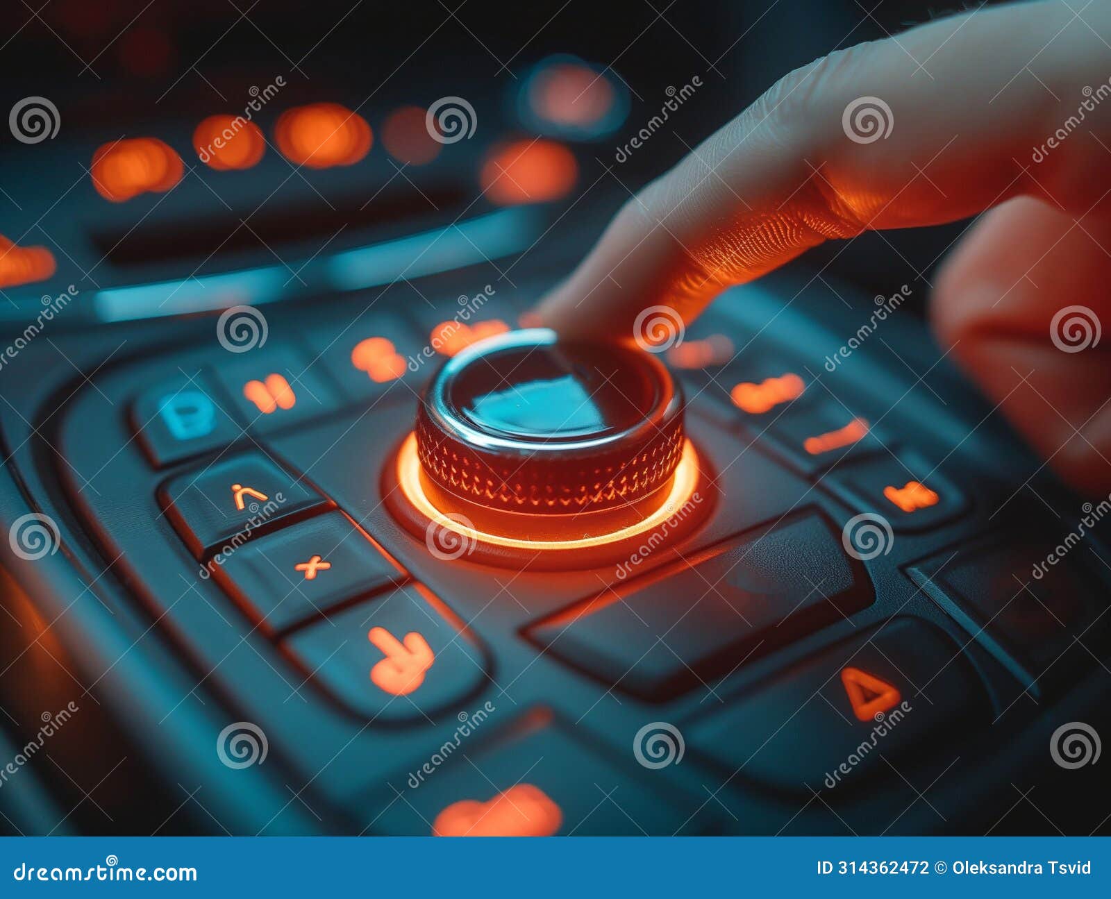 Finger Press Future Button with Blue Light Black Background. Concept ...