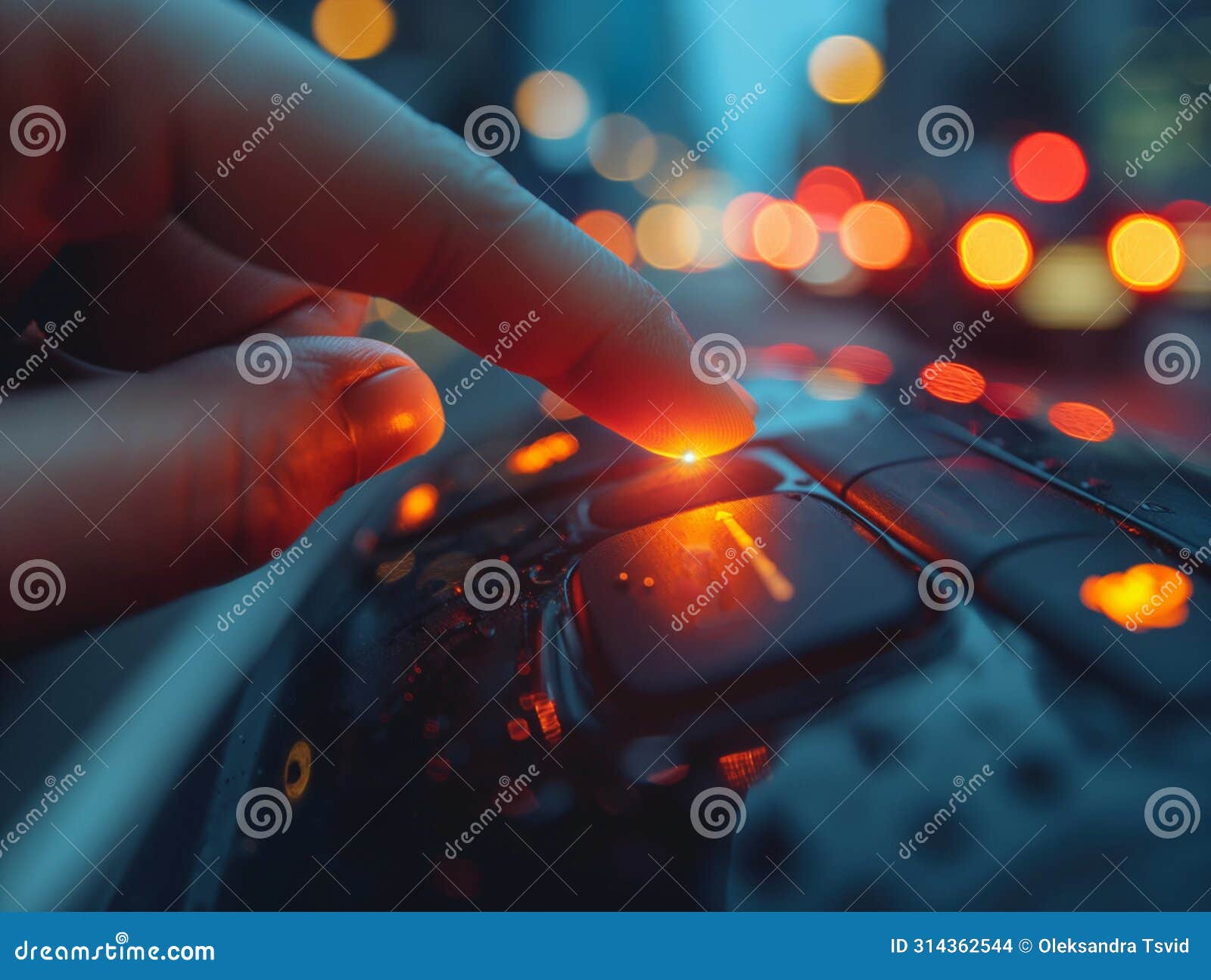 Finger Press Future Button with Blue Light Black Background. Concept ...