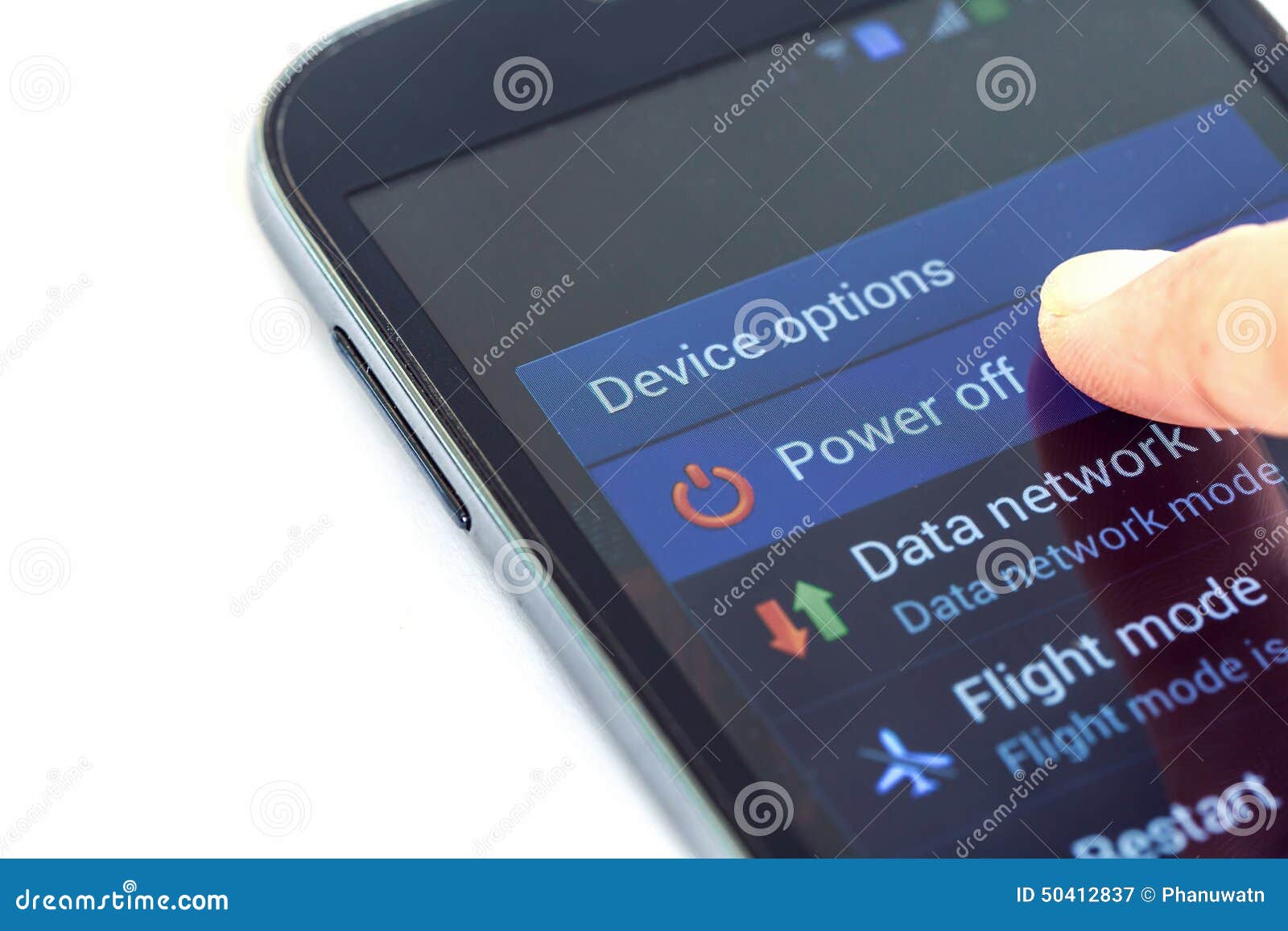 Finger Press Power Off Button on Smartphone Stock Image - Image of ...