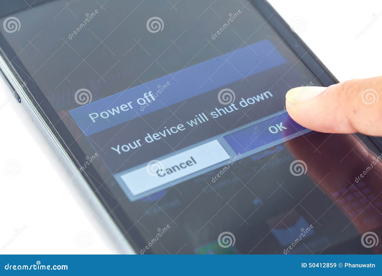 Finger Press Power Off Button on Smartphone Stock Image - Image of ...