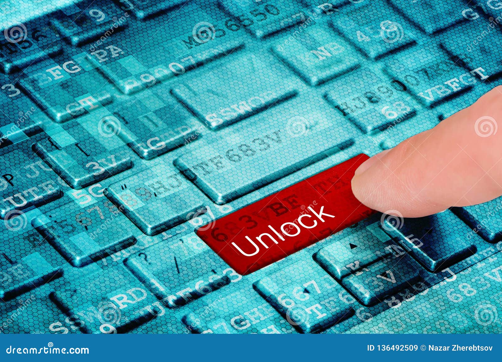 A Finger Press Red Unlock Button on Blue Digital Laptop Keyboard Stock ...